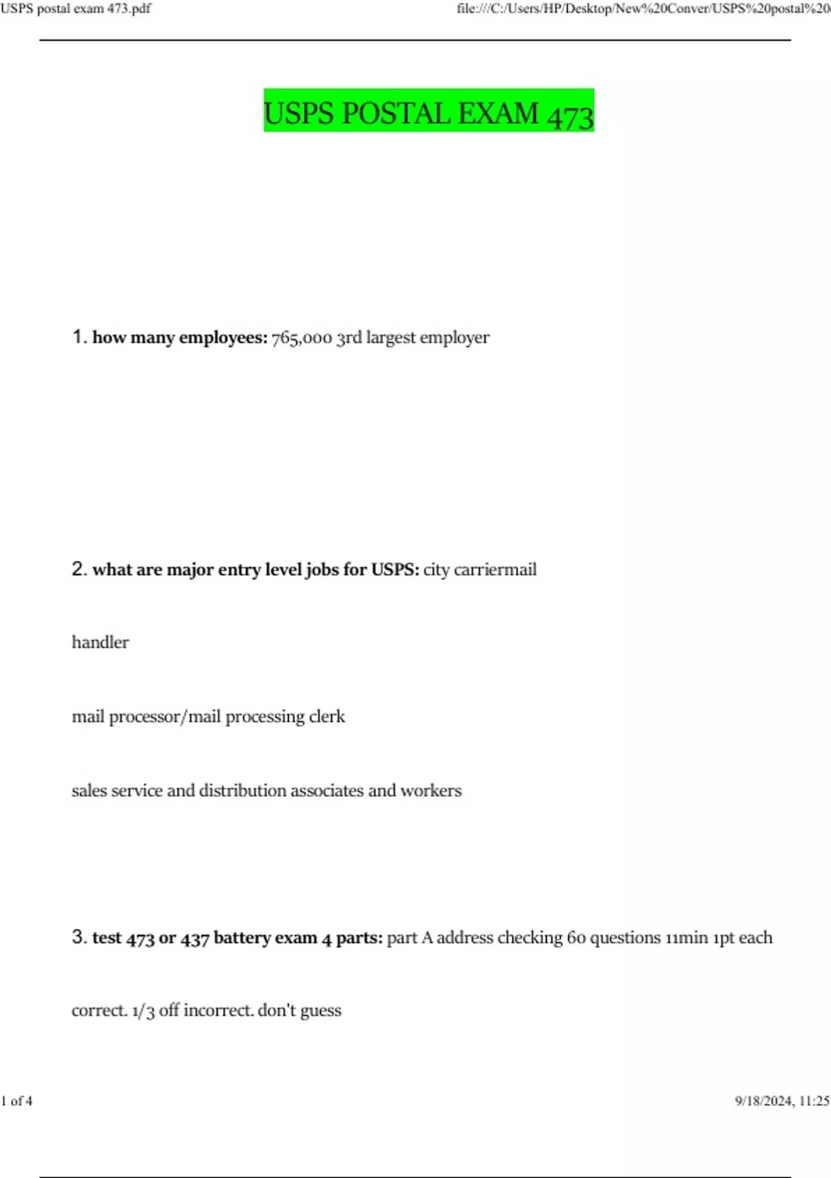 USPS Postal Exam 473 Questions and Answers Latest (2024 / 2025 ...