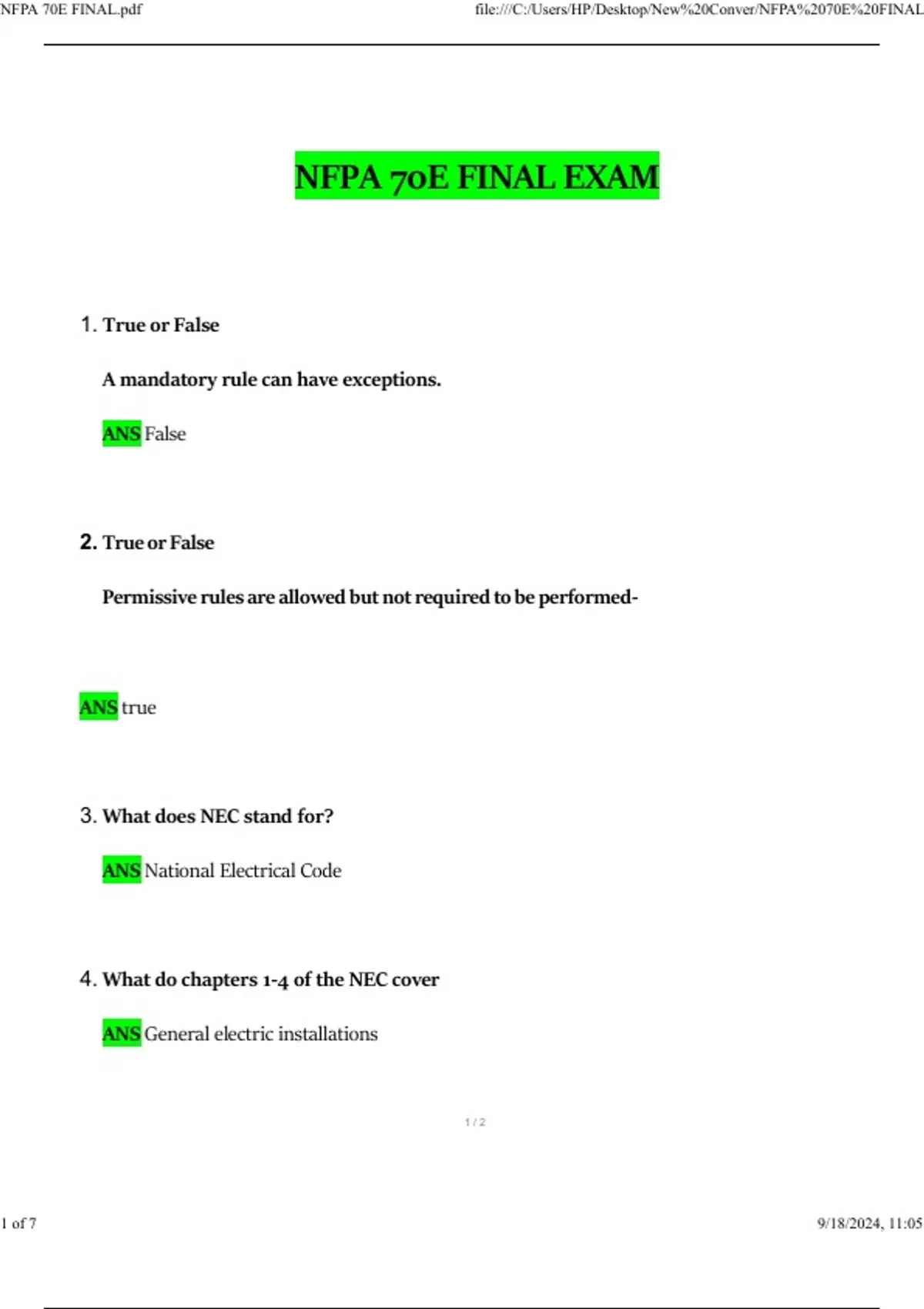 NFPA 70E Exams BUNDLED NFPA70 Study Guide NFPA 70E FINAL EXAM NFPA 70E Final Exam Online Course ...