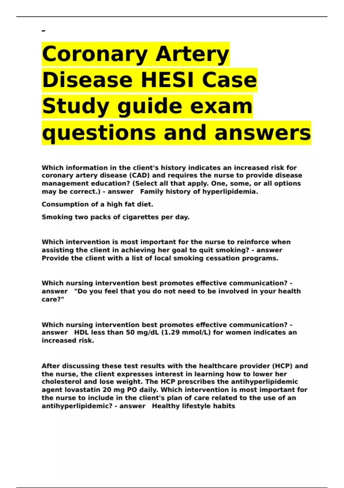 Coronary Artery Disease HESI Case Study guide exam questions and ...