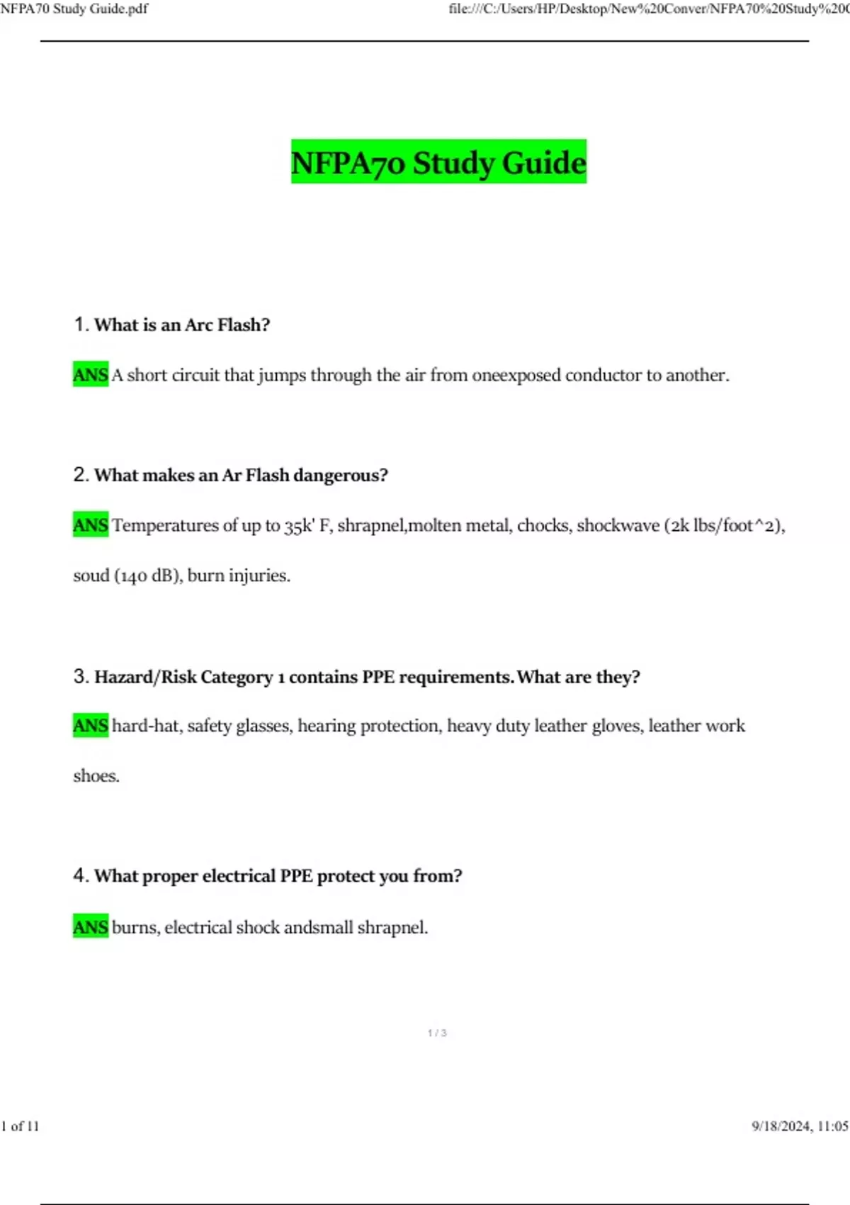 NFPA70 Study Guide 2024 Questions and Answers Latest (2024 / 2025 ...