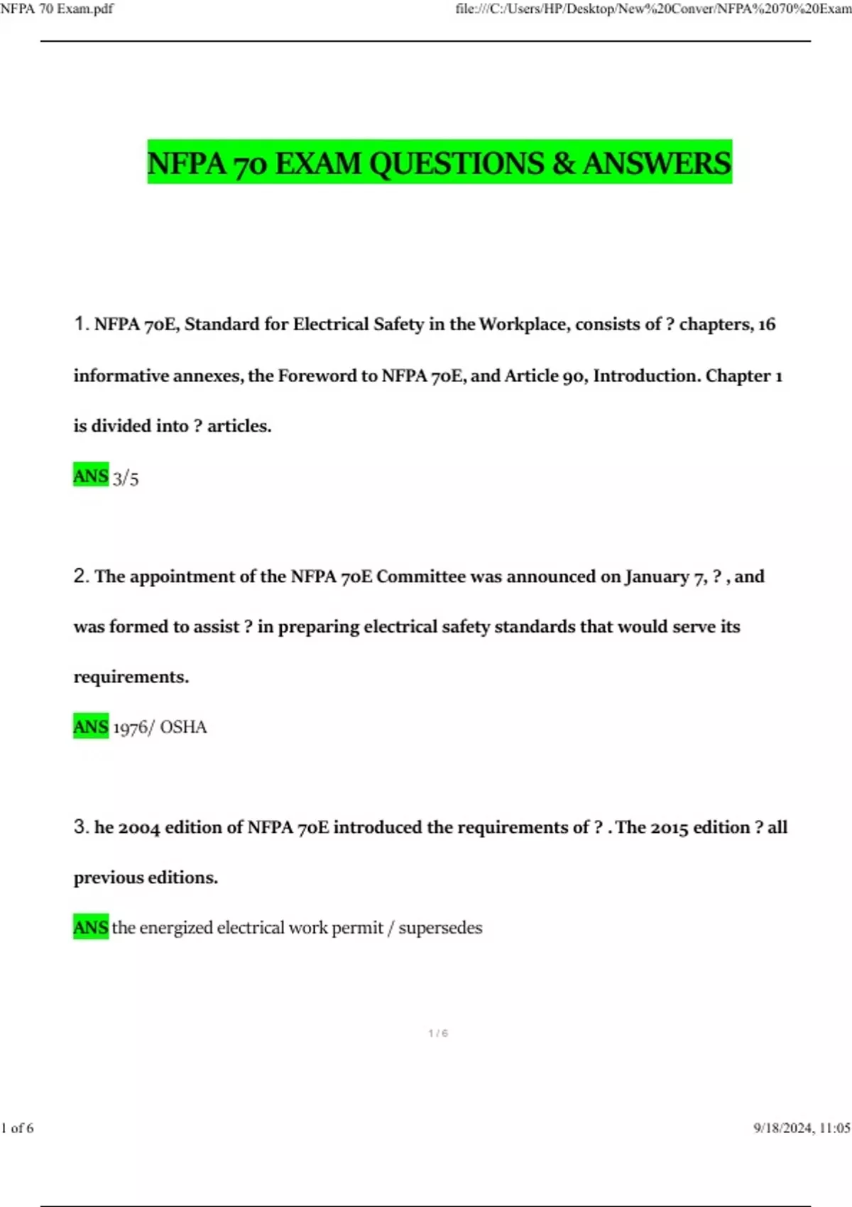 NFPA 70 Exam 2024 Questions and Answers Latest (2024 / 2025) (Verified ...