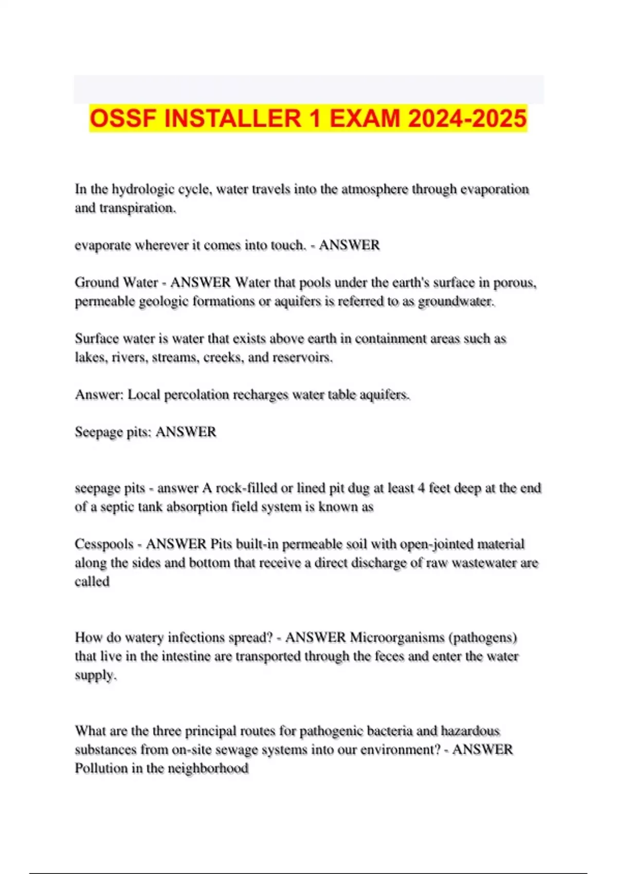 OSSF INSTALLER 1 EXAM - OSSF INSTALLER 1 - Stuvia US