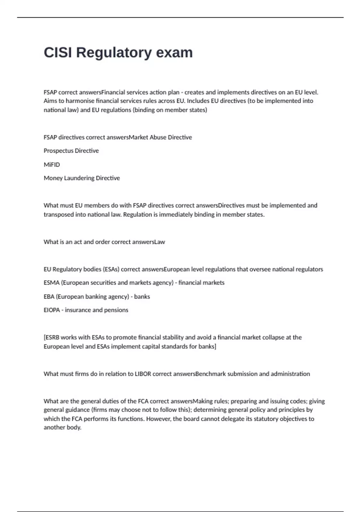 CISI Regulatory exam 2024/2025 with 100% correct answers - CISI ...