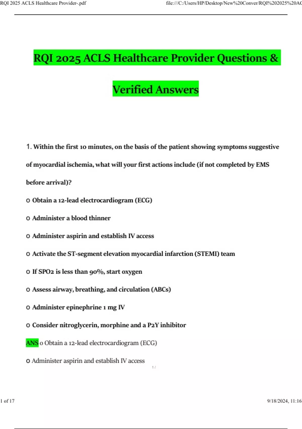 RQI 2025 ACLS Healthcare Provider Exam 2024 Questions and Answers ...
