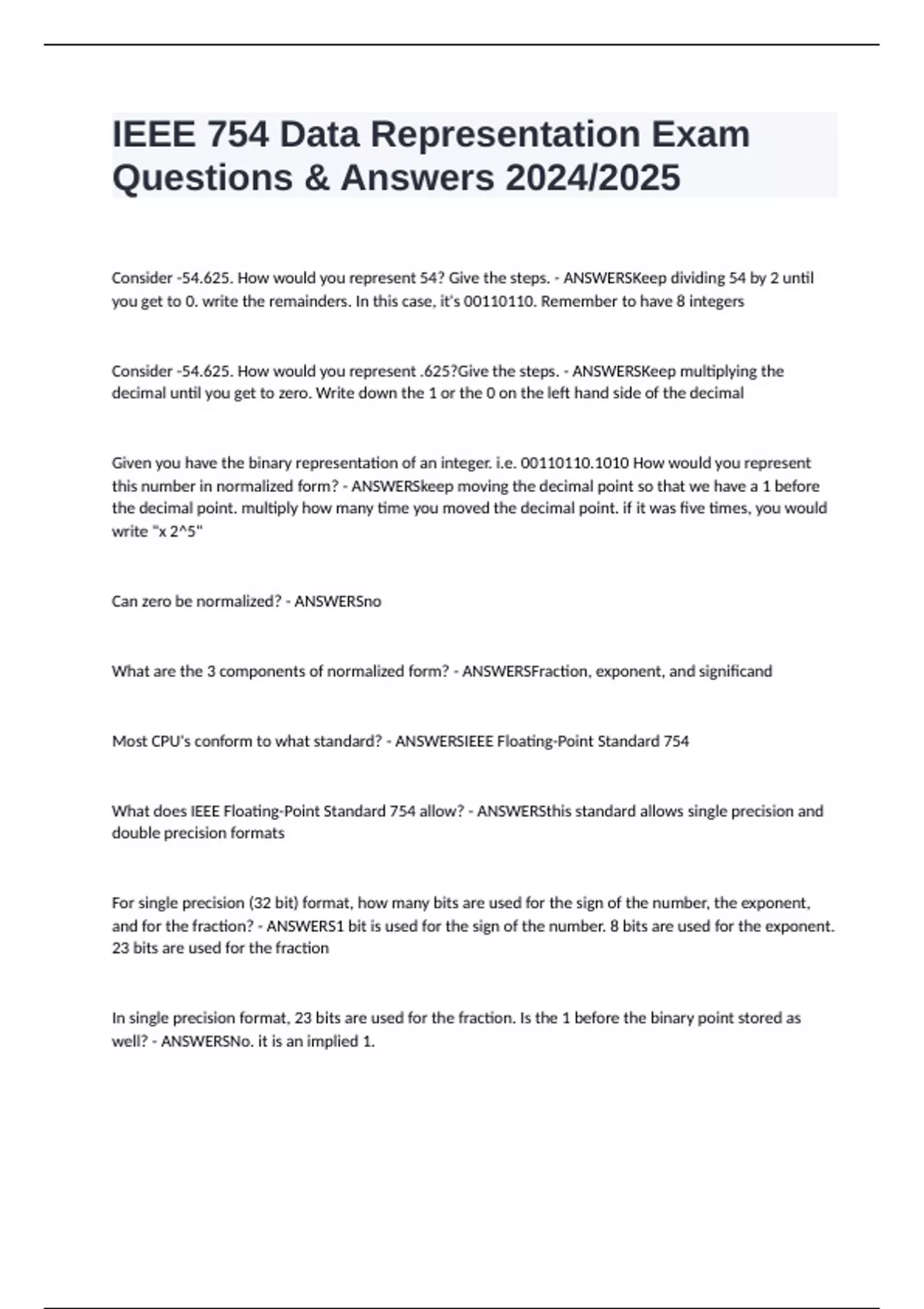 IEEE 754 Data Representation Exam Questions & Answers 2024/2025 - IEEE 754 Data Representation ...