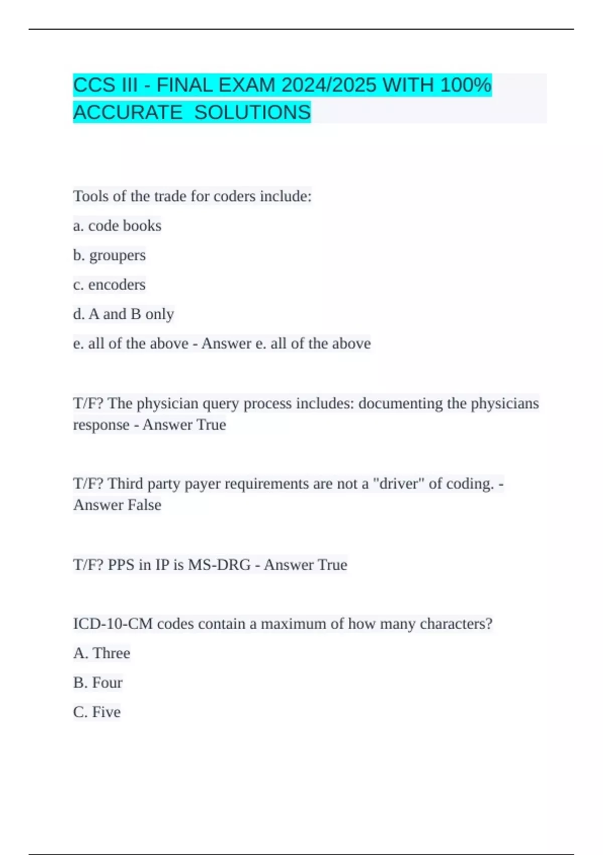 CCS III - FINAL EXAM 2024/2025 WITH 100% ACCURATE SOLUTIONS - CCS III ...