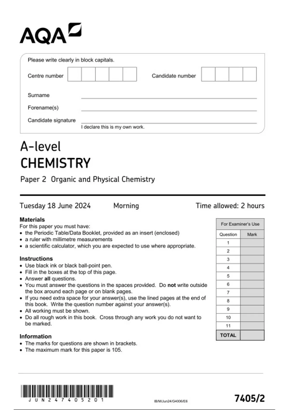 AQA A-level CHEMISTRY Paper 2 JUNE 2024 QUESTION PAPER - A-level ...