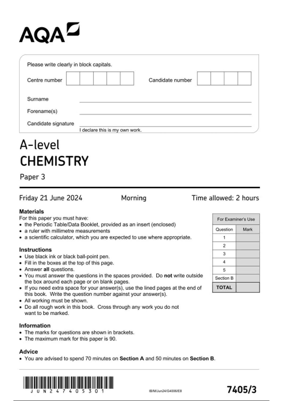 AQA A-level CHEMISTRY Paper 3 JUNE 2024 QUESTION PAPER - A-level ...