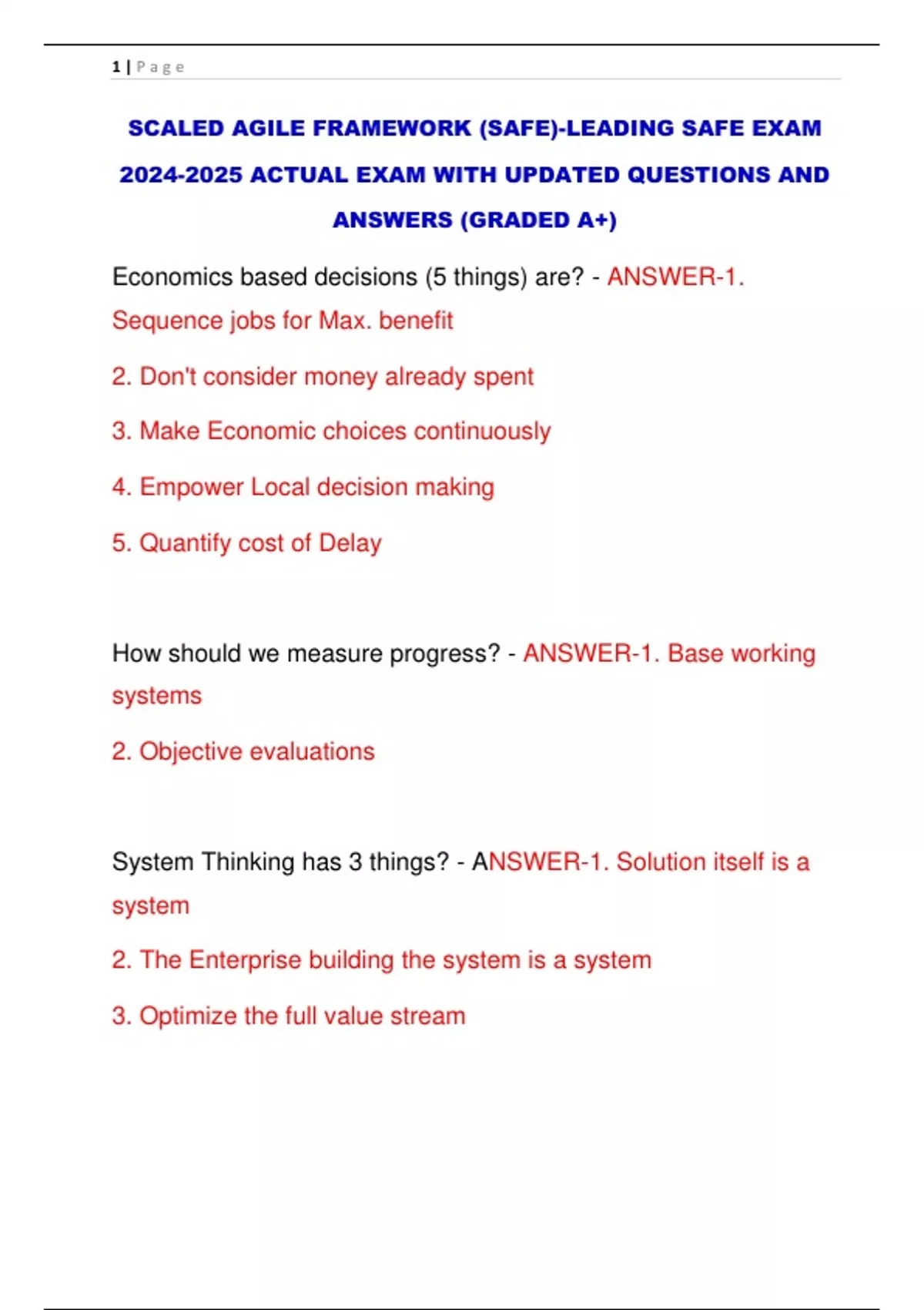 SCALED AGILE FRAMEWORK (SAFE)-LEADING SAFE EXAM ACTUAL EXAM WITH UPDATED QUESTIONS AND ANSWERS ...