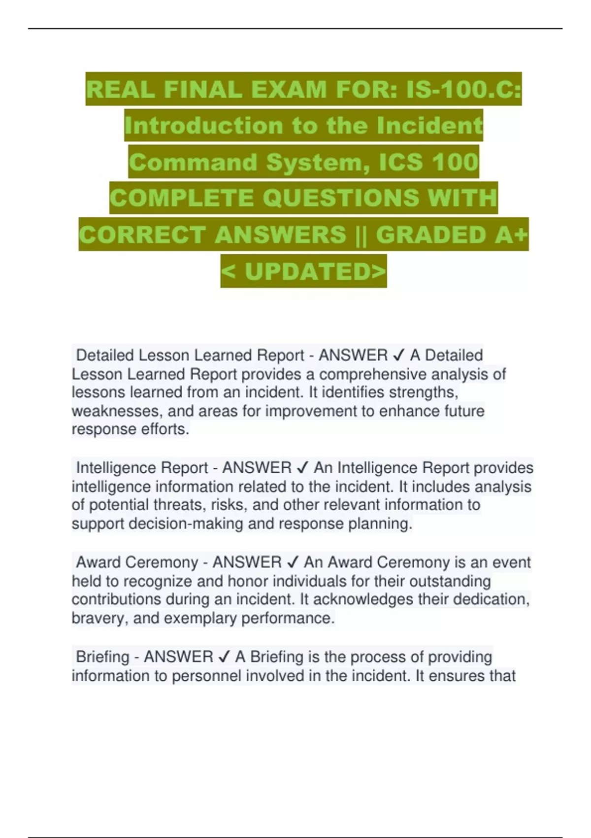 COMBINED SET EXAM FOR: IS-100.C: Introduction to the Incident Command ...
