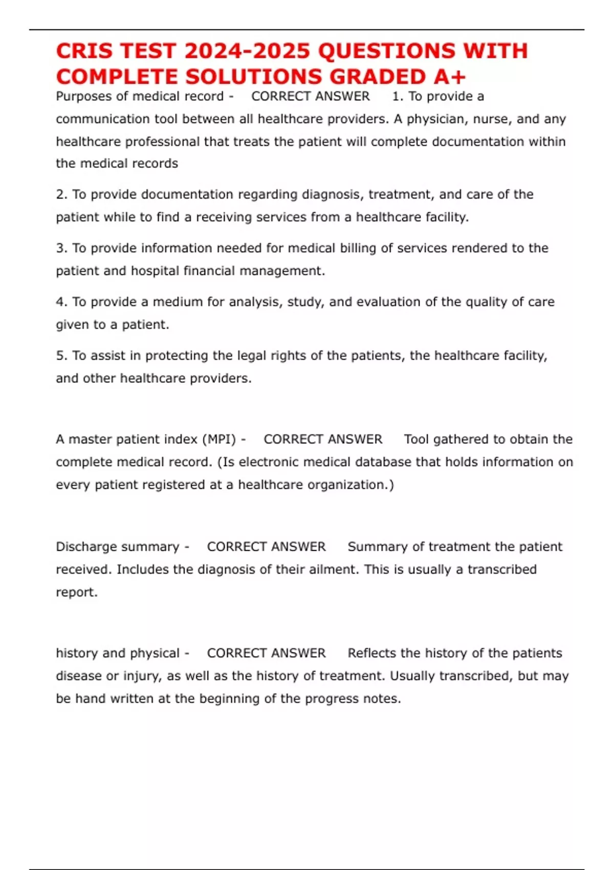 CRIS TEST QUESTIONS WITH COMPLETE SOLUTIONS GRADED A+ - Cris - Stuvia US