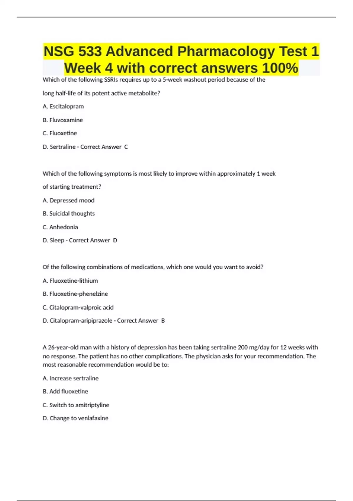 NSG 533 Advanced Pharmacology Test 1 Week 4 with correct answers 100% ...