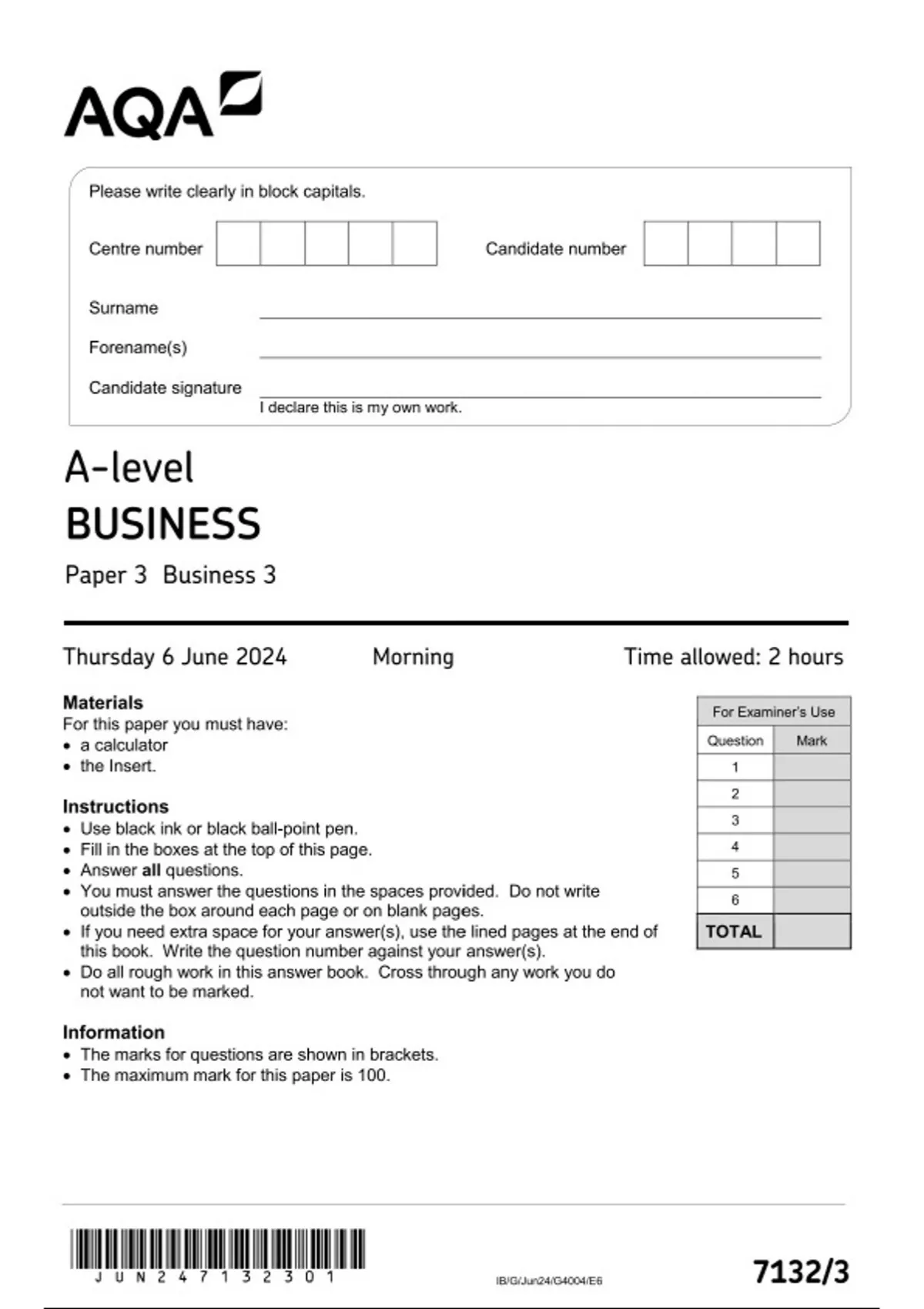 AQA A-level BUSINESS Paper 3 JUNE 2024 QUESTION PAPER - A-level BUSINESS - Stuvia US