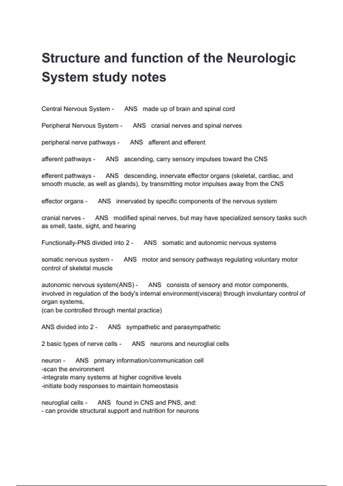 Structure and function of the Neurologic System study notes - Structure ...