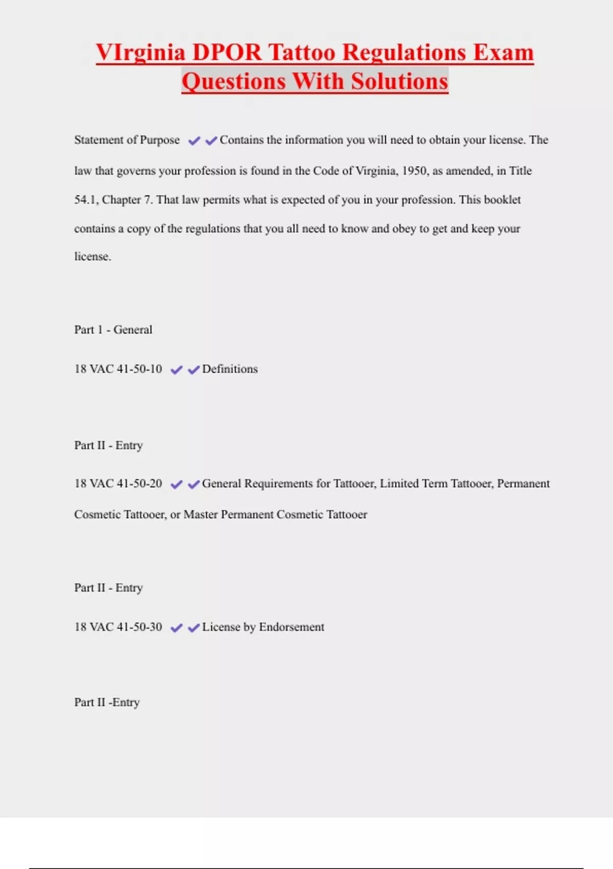 VIrginia DPOR Tattoo Regulations Exam Questions With Solutions ...