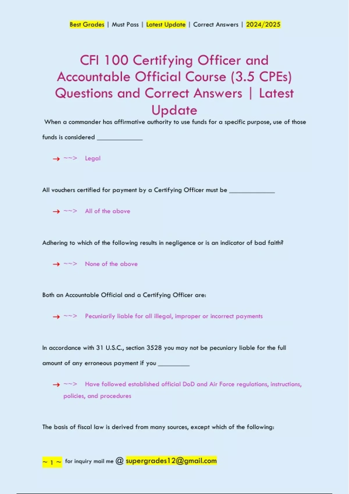 CFI 100 Certifying Officer and Accountable Official Course (3.5 CPEs) Questions and Correct ...