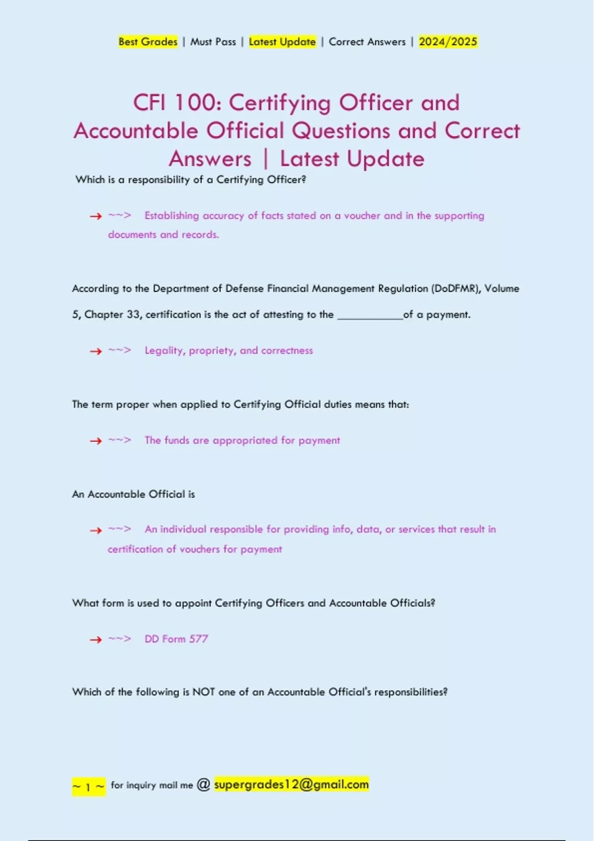 CFI 100: Certifying Officer and Accountable Official Questions and ...