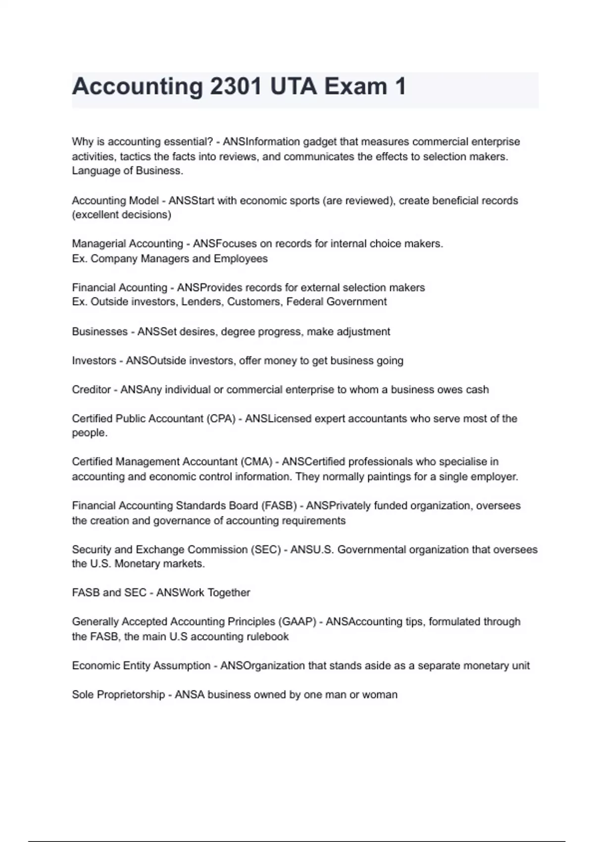 UTA Accounting Entrance Exam, Questions with Correct Answers 2024/2025 ...