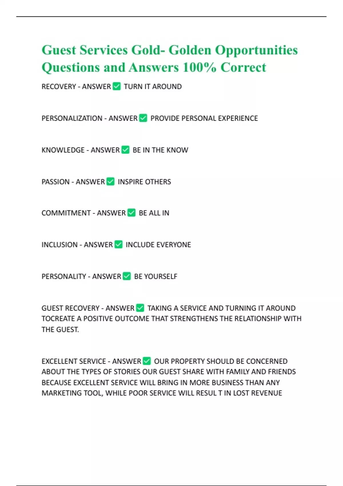 Guest Services Gold- Golden Opportunities Questions and Answers 100% ...