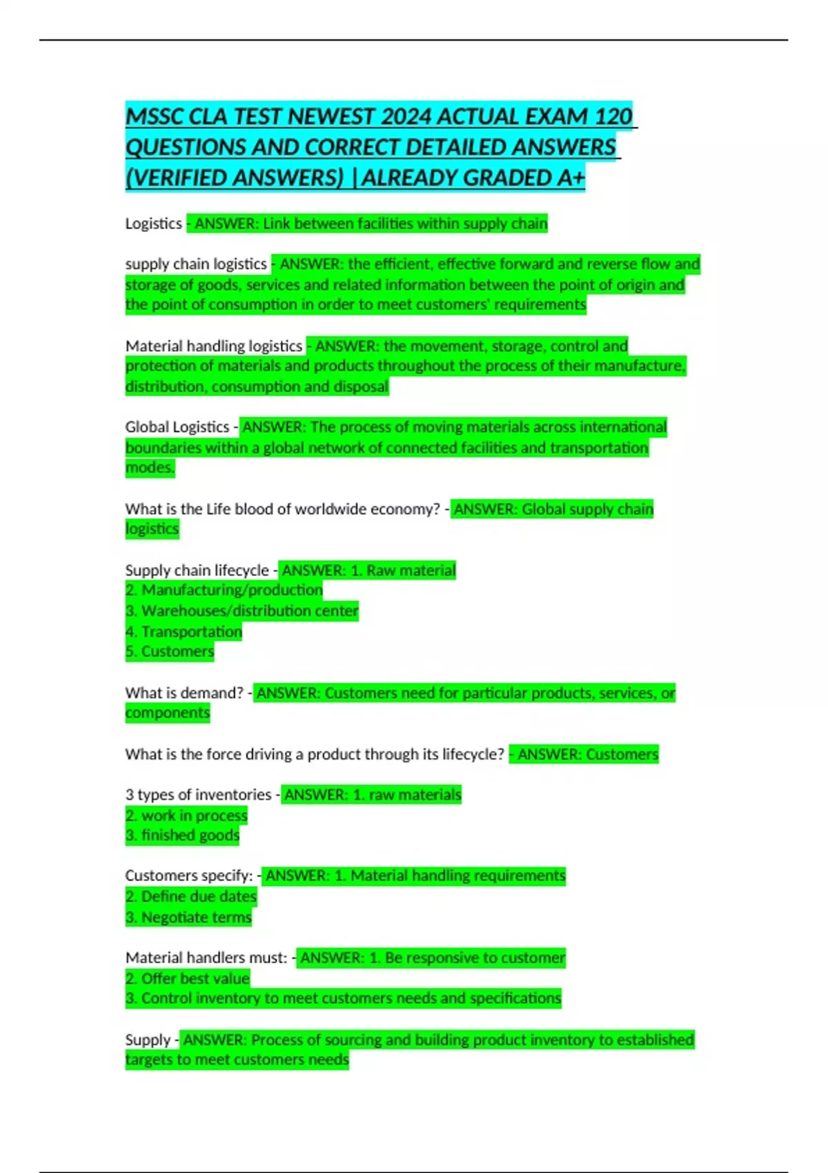MSSC CLA TEST NEWEST 2024 ACTUAL EXAM - MSSC CLA - Stuvia US