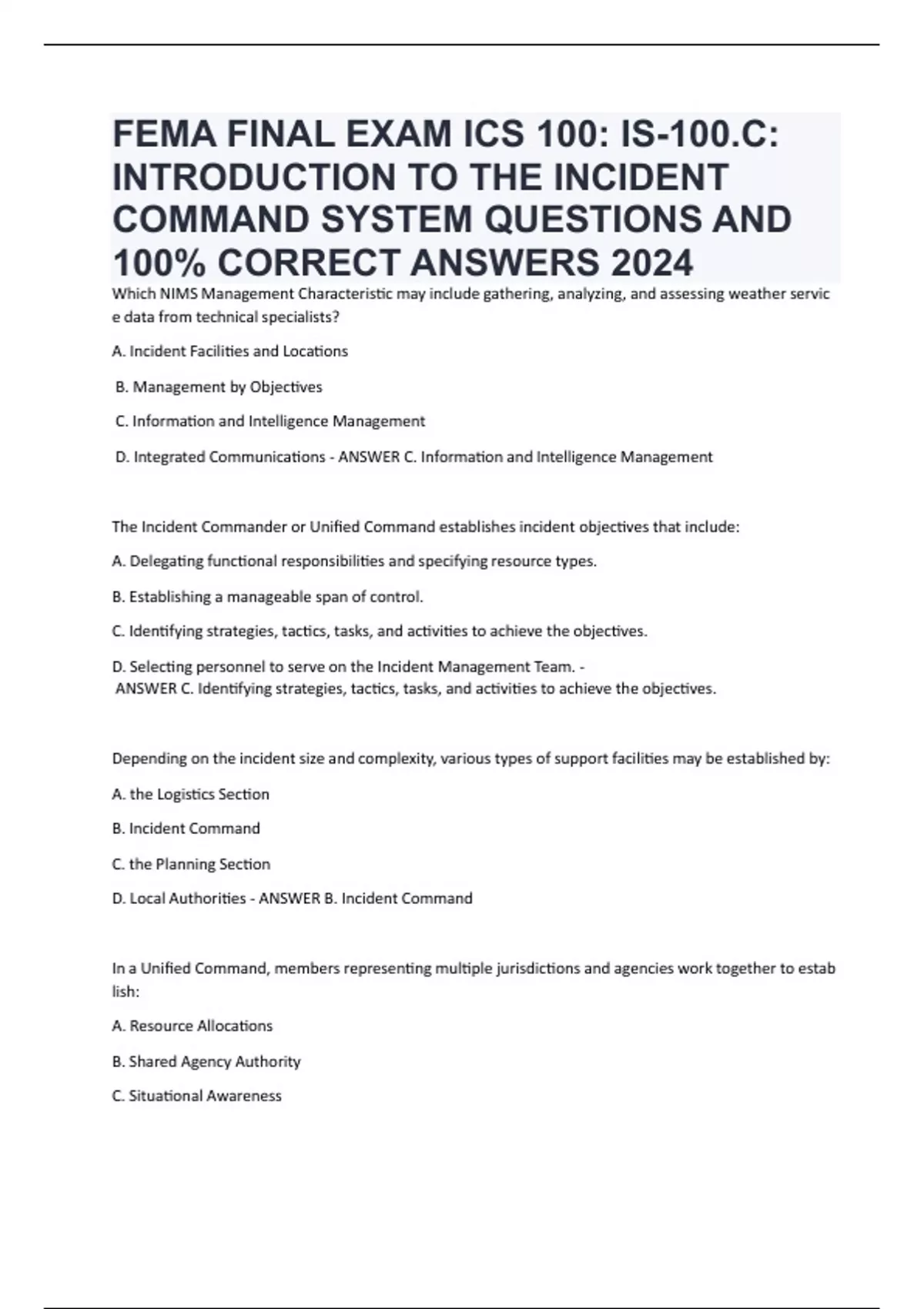 FEMA FINAL EXAM ICS 100: IS-100.C: INTRODUCTION TO THE INCIDENT COMMAND SYSTEM QUESTIONS AND 100 ...