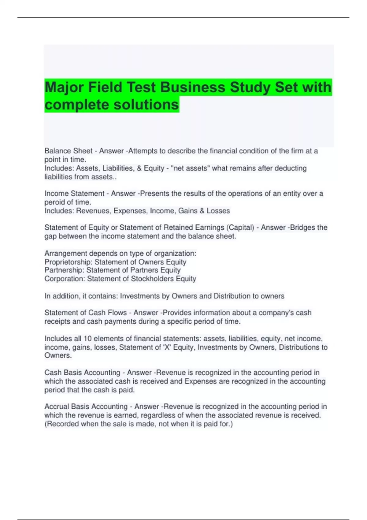 Major Field Test Business Study Set with complete solutions - ETS MAJOR ...