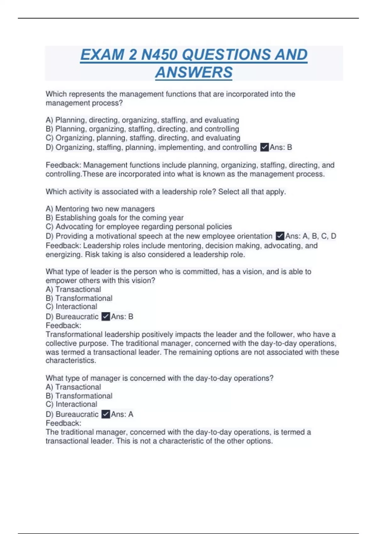 EXAM 2 N450 QUESTIONS AND ANSWERS - NUR 450 - Stuvia US