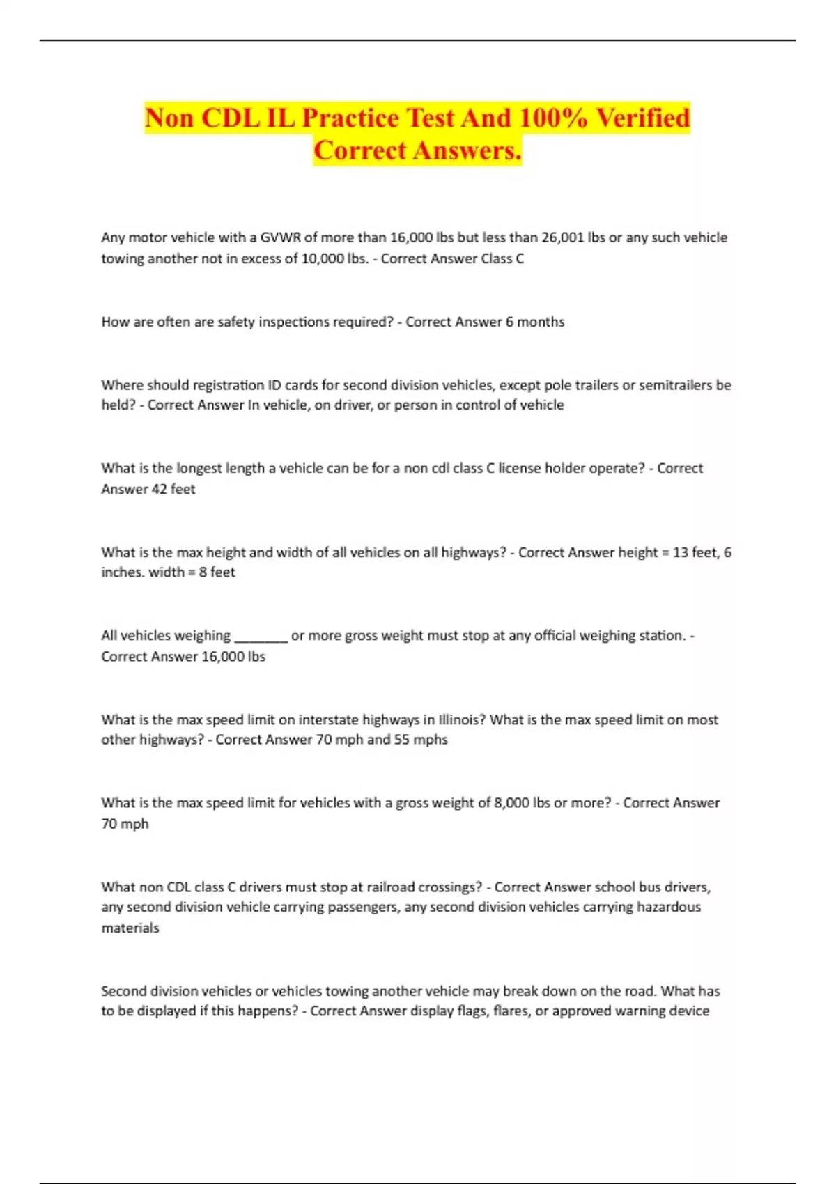 Non CDL IL Practice Test And 100% Verified Correct Answers. - Illinois ...