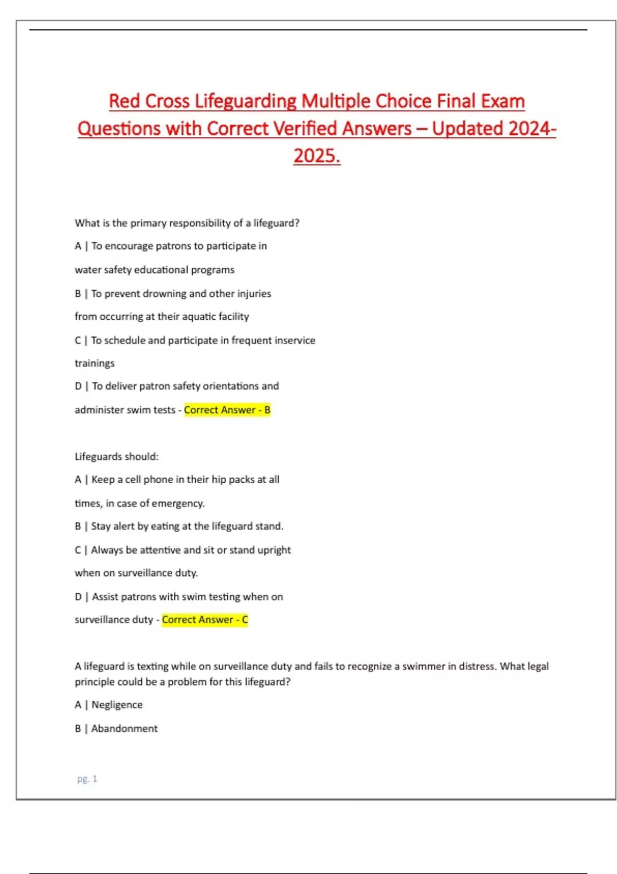 Red Cross Lifeguarding Multiple Choice Final Exam Questions with ...