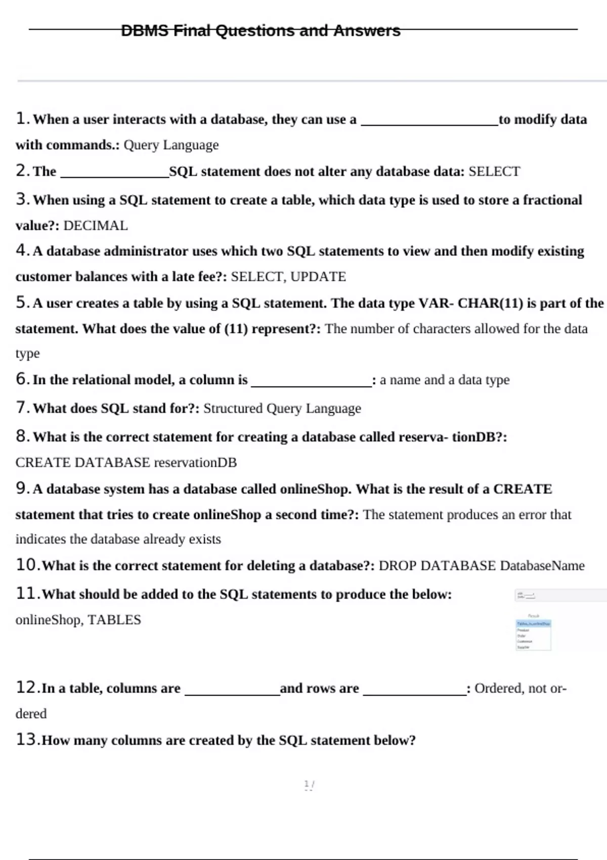 DBMS Final Questions and Answers - DBMS - Stuvia US