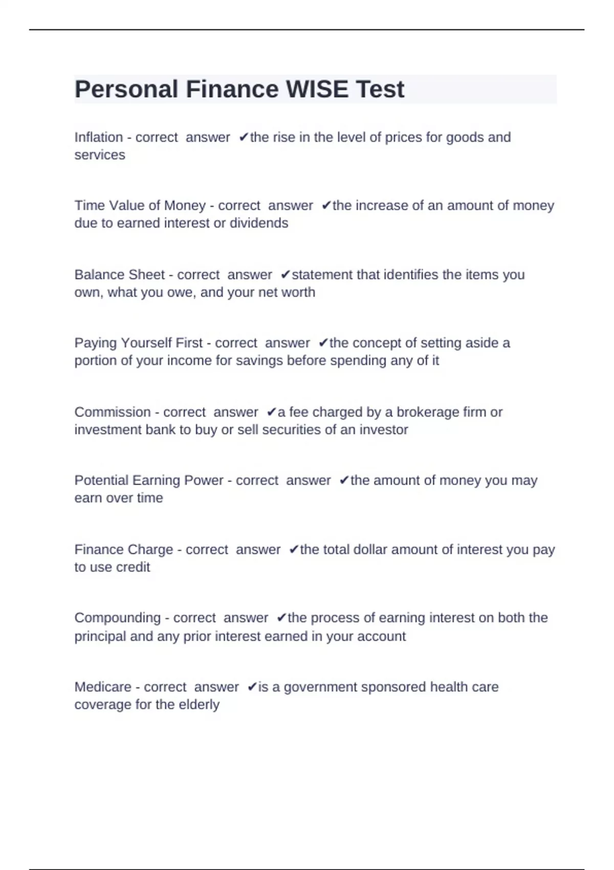 Personal Finance WISE Test Question and answers 100% correct 2024/2025 ...