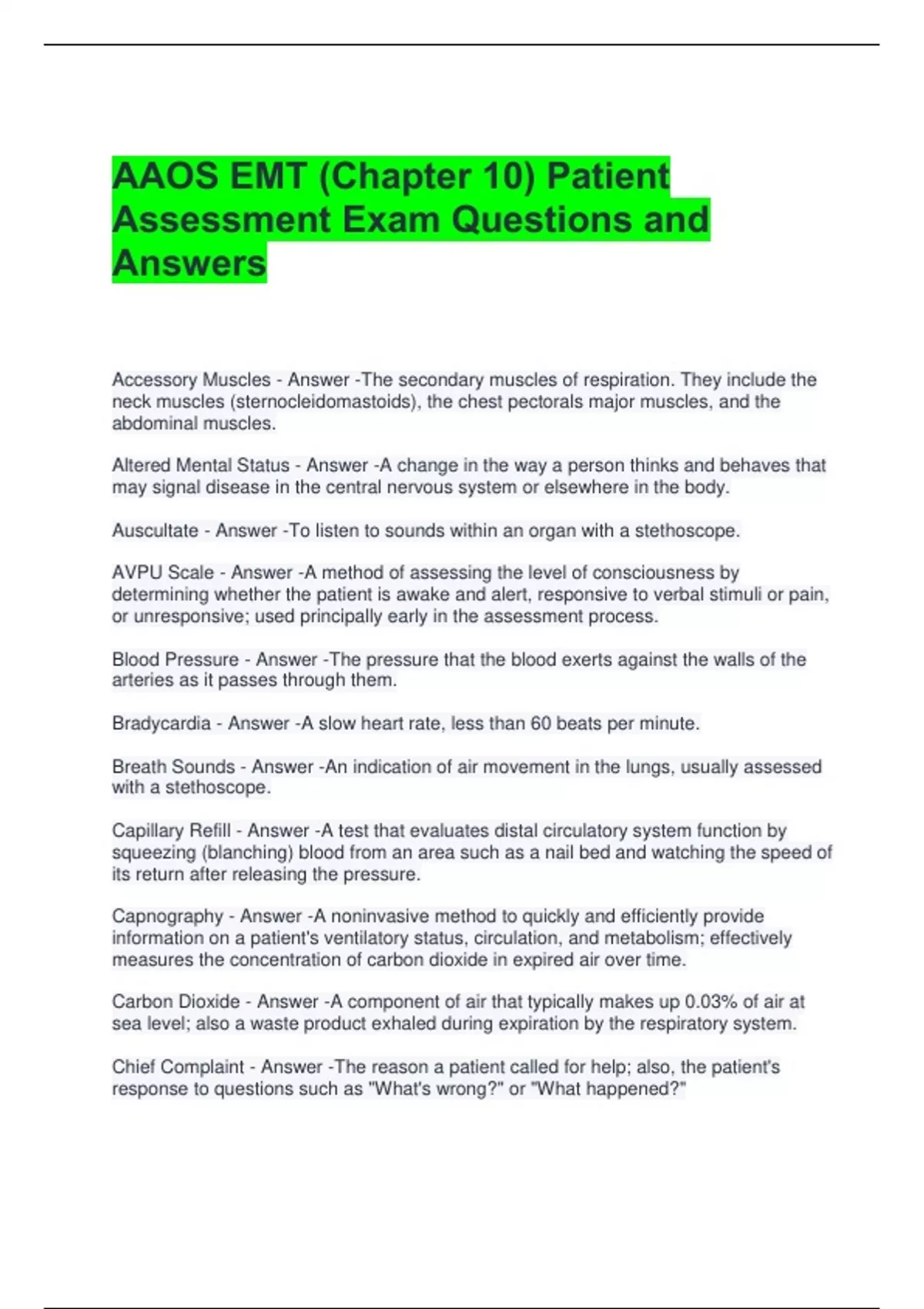 AAOS EMT (Chapter 10) Patient Assessment Exam Questions and Answers ...