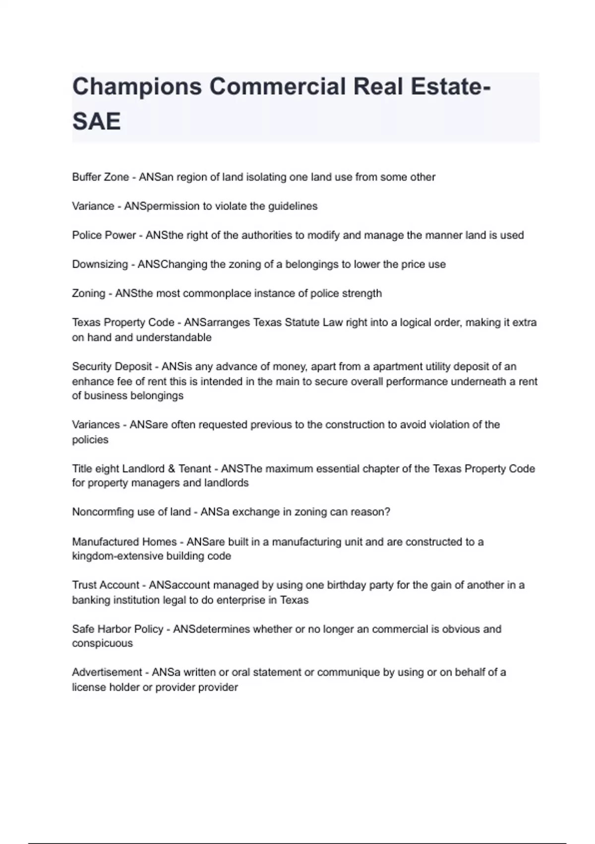 Champions Commercial Real Estate- SAE questions and answers rated A+ ...