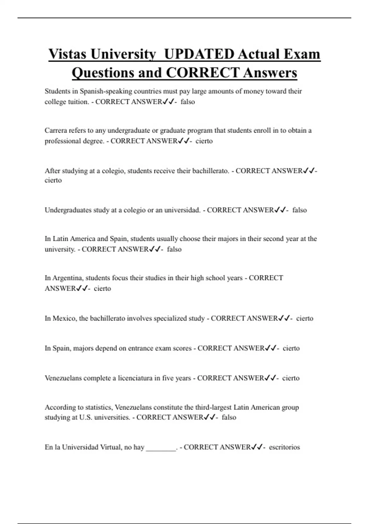 Vistas University UPDATED Actual Exam Questions and CORRECT Answers ...