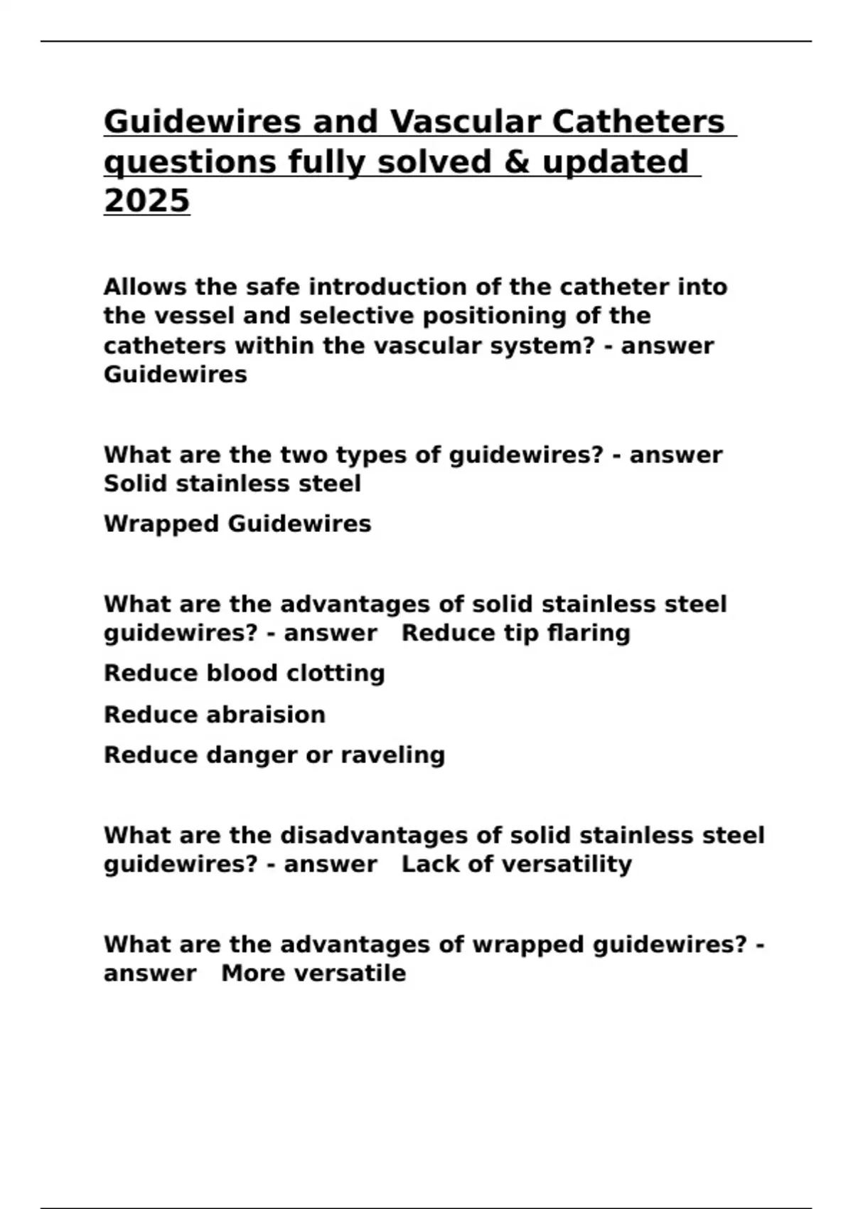 Guidewires and Vascular Catheters questions fully solved & updated 2025 ...