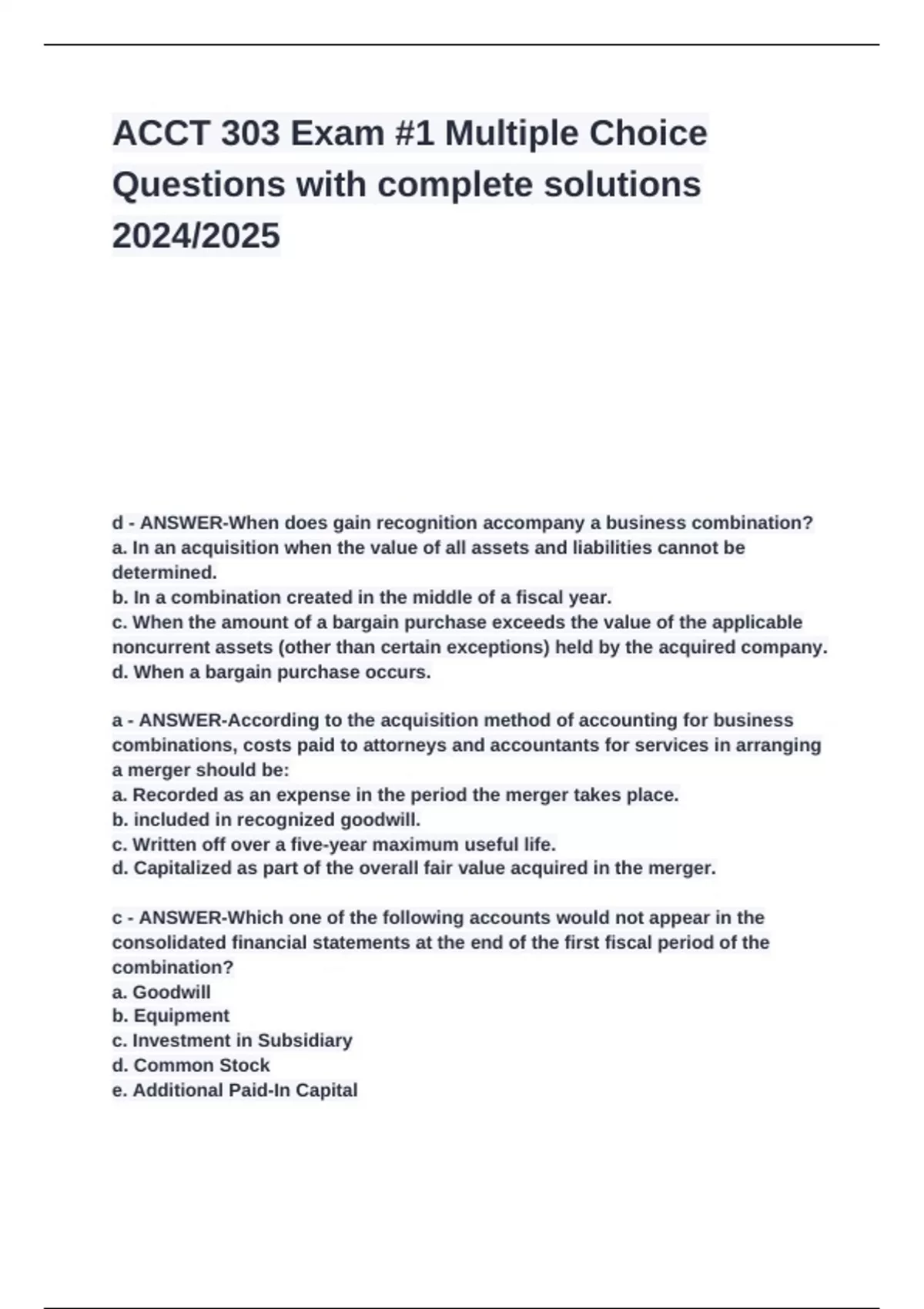 ACCT 303 Exam -1 Multiple Choice Questions with complete solutions 2024_2025 - ACCT 303 - Stuvia US