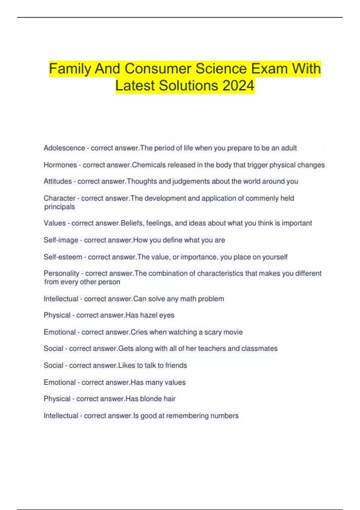 Family And Consumer Science Exam With Latest Solutions 2024 - Family ...