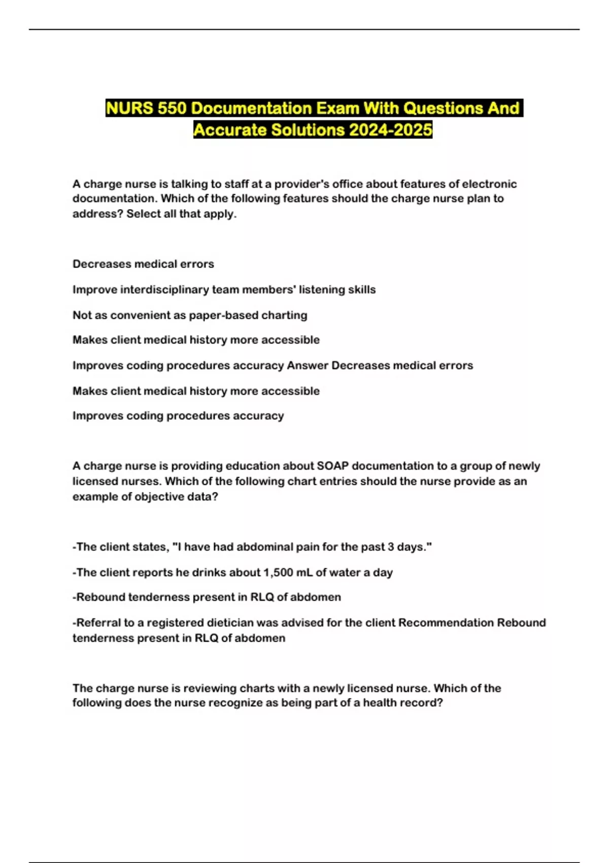 NURS 550 Documentation Exam With Questions And Accurate Solutions ...
