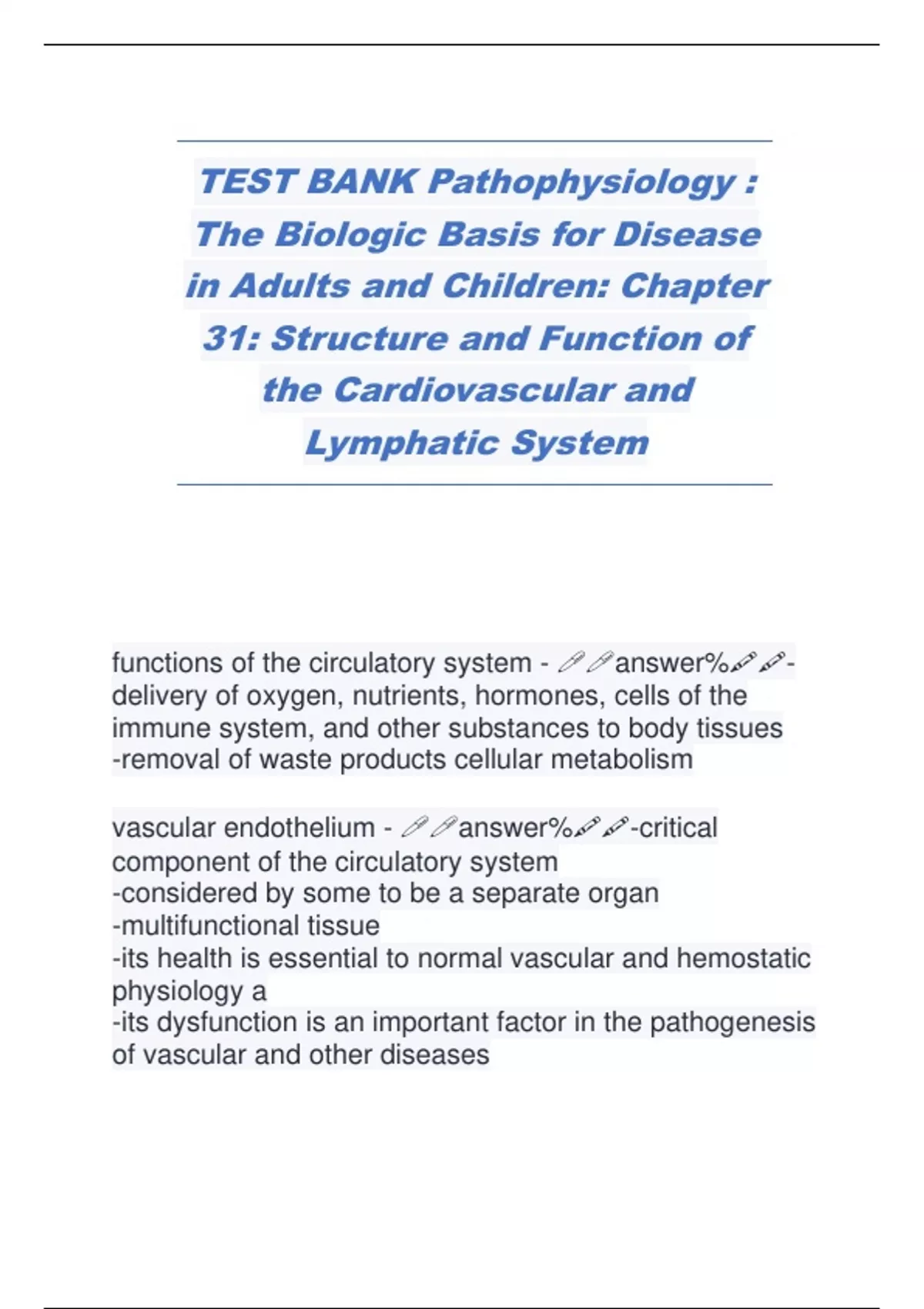 TEST BANK Pathophysiology : The Biologic Basis for Disease in Adults ...