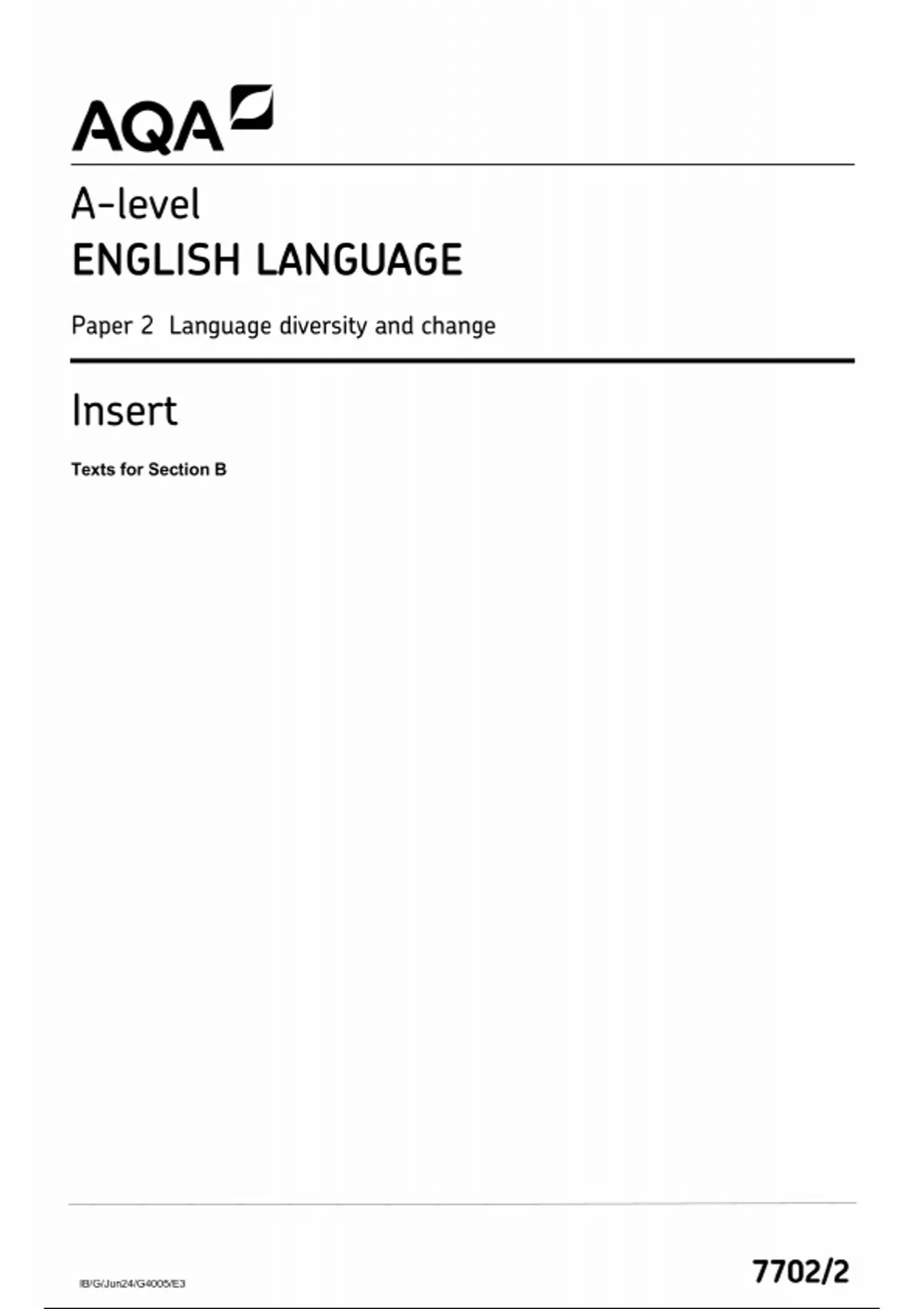 AQA A level ENGLISH LANGUAGE PAPER 2 7702/2 INSERT 2024(Language ...