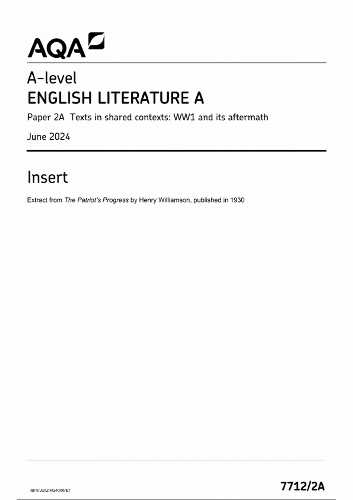 AQA A LEVEL ENGLISH LITERATURE A 7712/2A PAPER 2A 2024 Insert (Text in ...