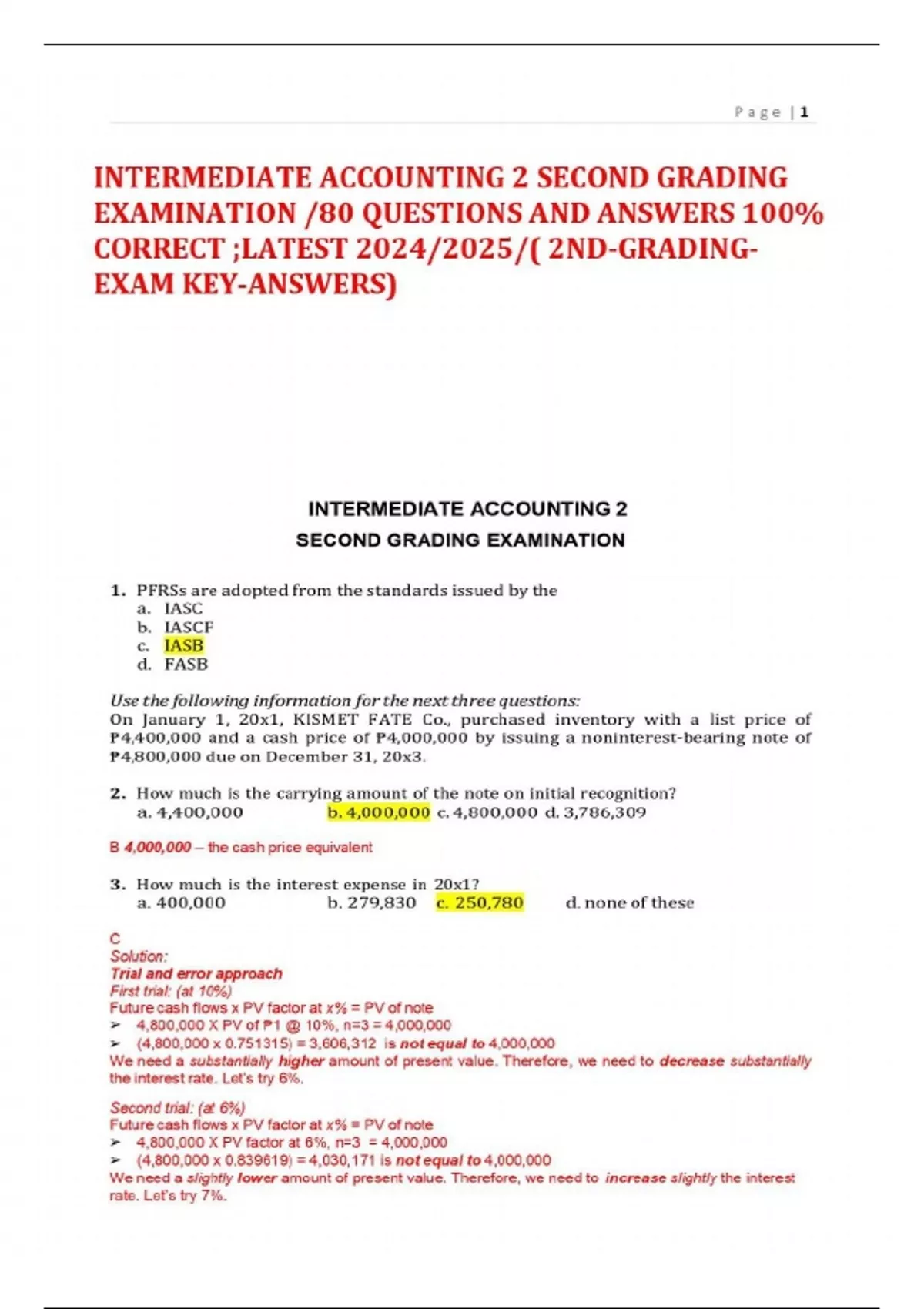 INTERMEDIATE ACCOUNTING 2 SECOND GRADING EXAMINATION /80 QUESTIONS AND ...