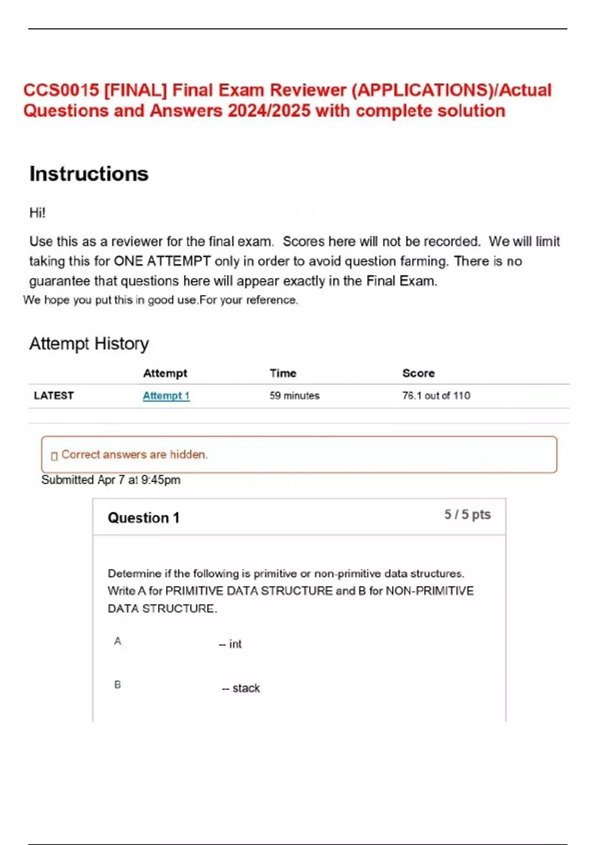 CCS0015 [FINAL] Final Exam Reviewer (APPLICATIONS)/Actual Questions and ...