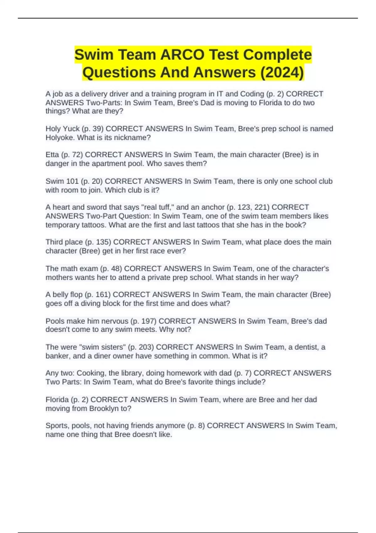 Swim Team ARCO Test Complete Questions And Answers (2024) - ARCO ...