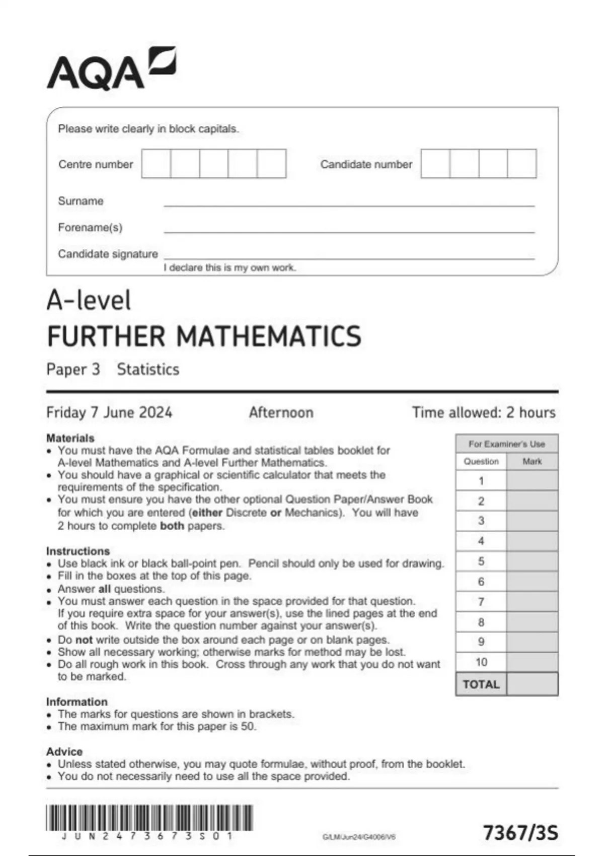 AQA A Level Further Mathematics paper 3S June 2024 QUESTION PAPER-7367 ...