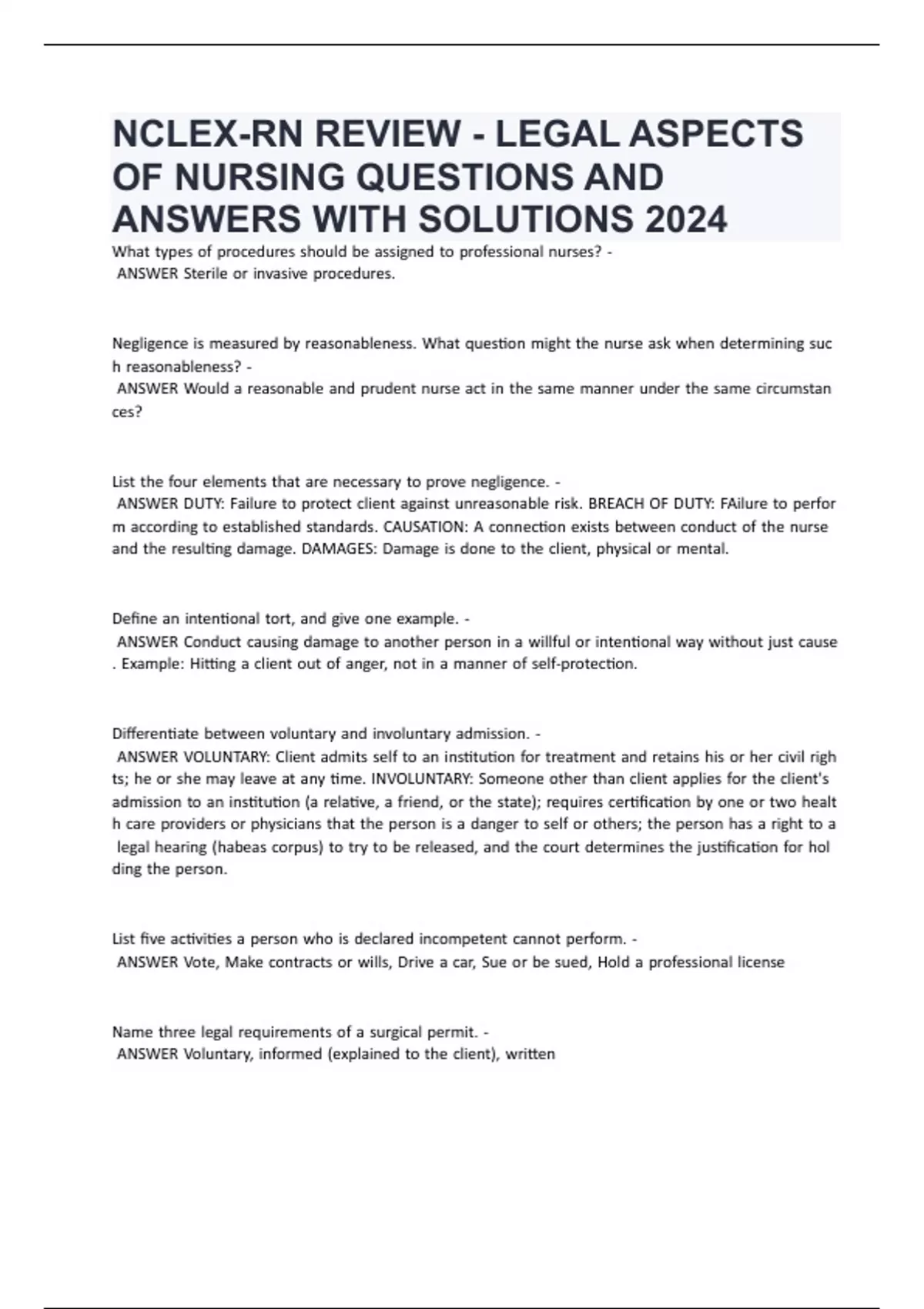 NCLEX-RN REVIEW - LEGAL ASPECTS OF NURSING QUESTIONS AND ANSWERS WITH ...