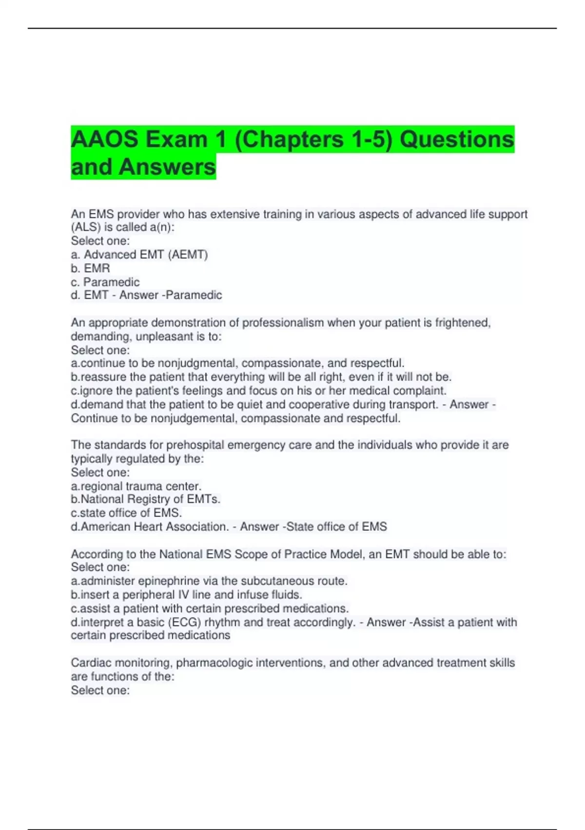 AAOS Exam 1 (Chapters 1-5) Questions and Answers - AAOS EMT - Stuvia US
