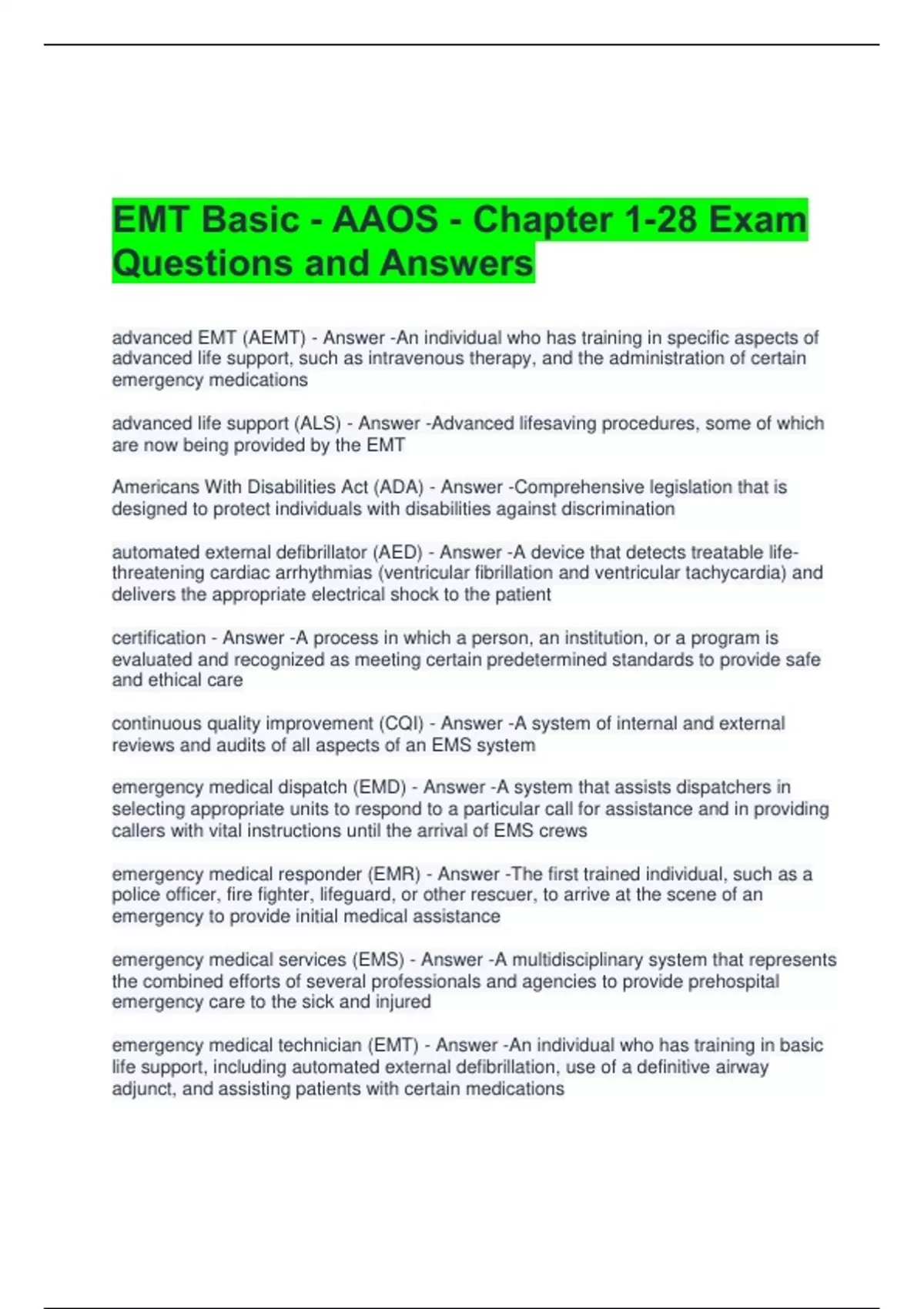 EMT Basic - AAOS - Chapter 1-28 Exam Questions and Answers - AAOS EMT - Stuvia US