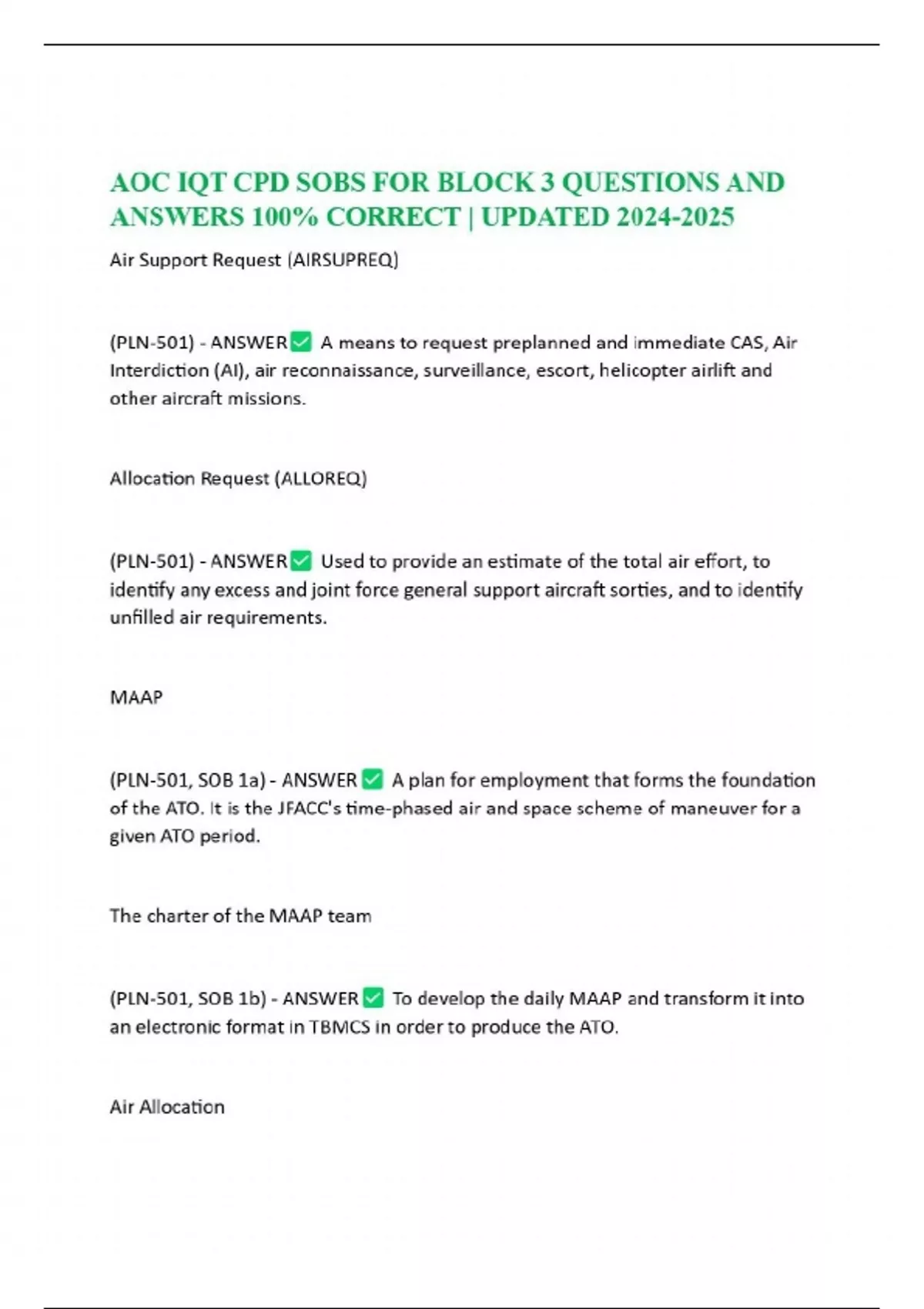 AOC IQT CPD SOBS FOR BLOCK 3 QUESTIONS AND ANSWERS 100% CORRECT ...