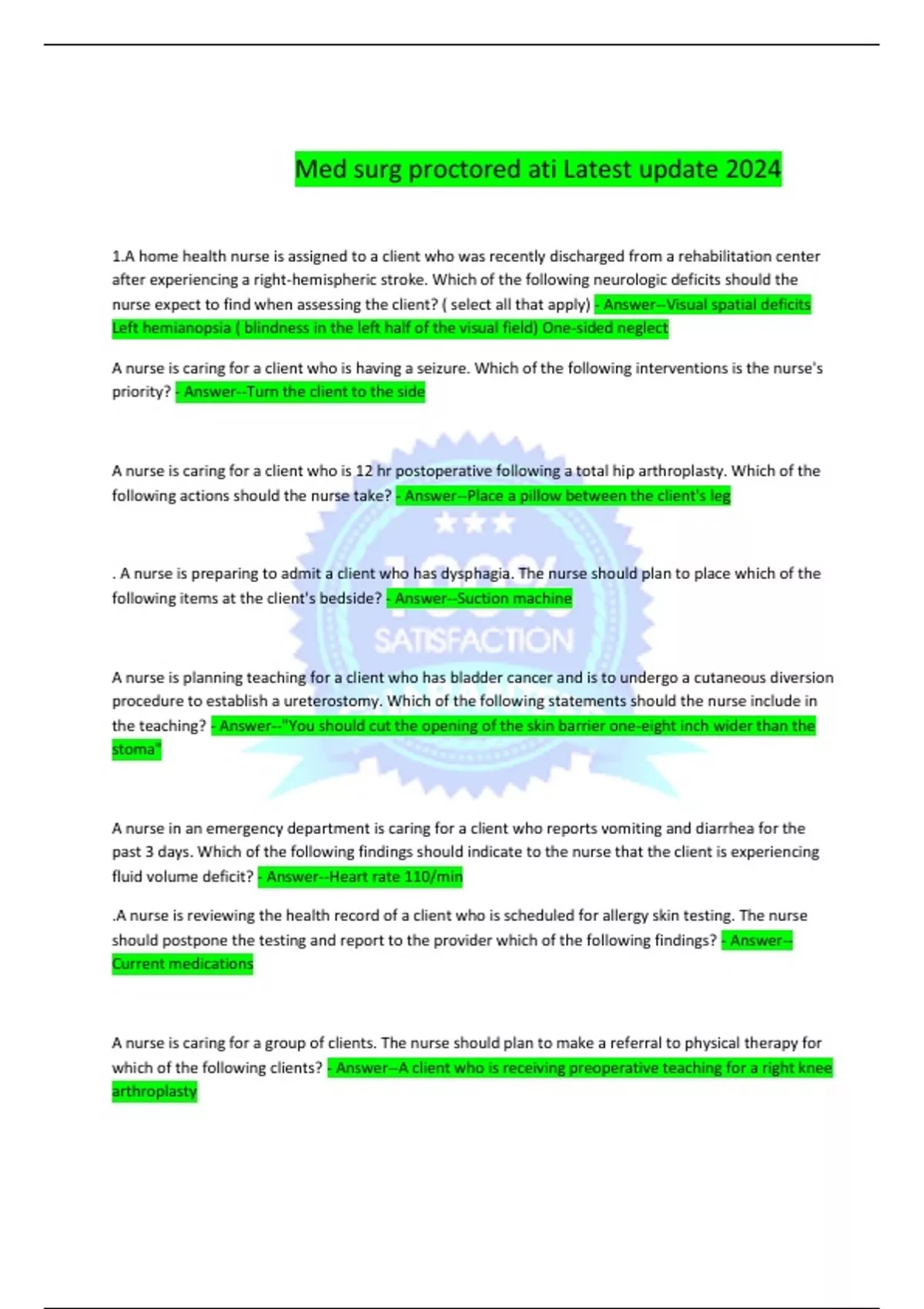 Med surg proctored ati Latest update 2024 1.A home health nurse is ...